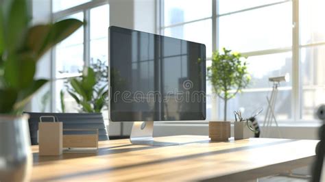 Modern Desktop Computer With Empty Screen On Wooden Desk In A Bright Office Stock Illustration