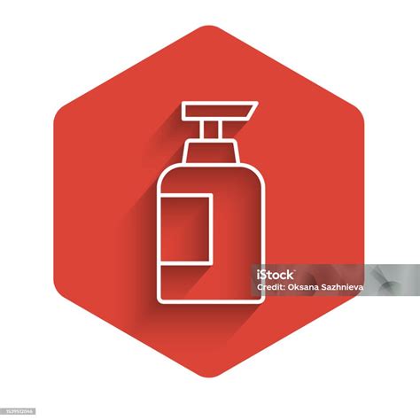 화이트 라인 샴푸 아이콘의 병은 긴 그림자 배경으로 분리되어 있습니다 빨간색 육각형 버튼입니다 벡터 건강한 생활방식에 대한 스톡 벡터 아트 및 기타 이미지 Istock