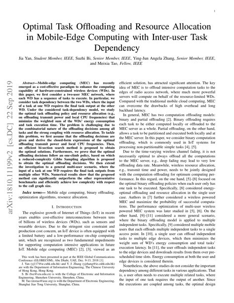Pdf Optimal Offloading And Resource Allocation In Mobile Edge Computing With Inter User Task