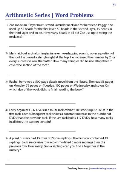 Arithmetic Series Word Problems Worksheets