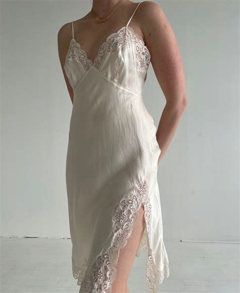 1940s White Silk Slip Dress With Lace Eveliina Vintage
