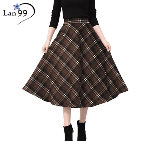 Vintage Long Skirt Winter Women Plaid Skirts High Waist Pleated Maxi