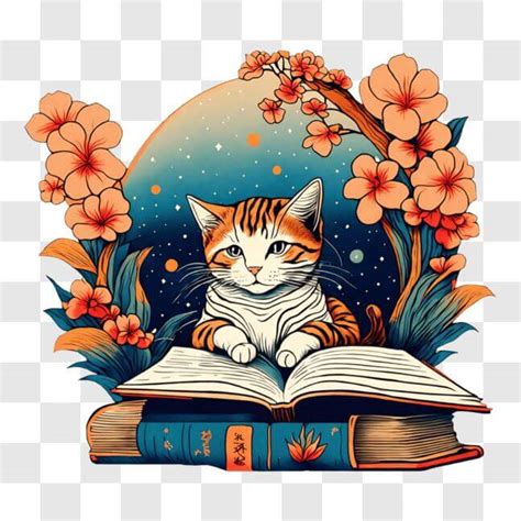 Download Cute Cat Reading Book With Flowers Pngs Online Creative Fabrica