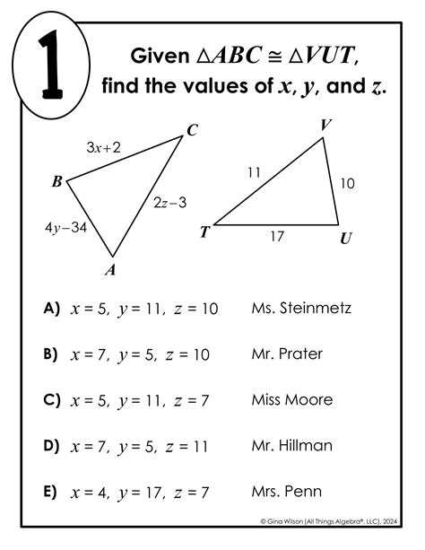 Congruent Triangles Finding Side And Angle Measures Math Lib Activity All Things Algebra®