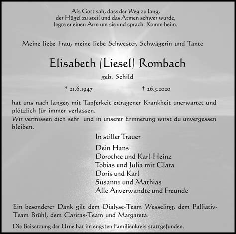 Traueranzeigen Von Elisabeth Rombach Wirtrauern