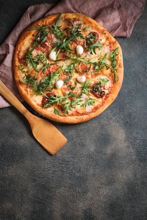 Traditional Italian Pizza With Ham Mushrooms Arugula Mozzarella