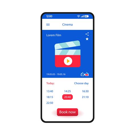 Booking Tickets Smartphone Interface Vector Template Mobile App Page Blue Design Layout Cinema