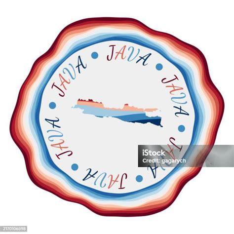 자바 배지 아름다운 기하학적 파도와 생생한 빨간색 파란색 프레임이 있는 섬의 지도입니다 생생한 라운드 Java 로고 벡터 일러스트 레이 션 0명에 대한 스톡 벡터 아트 및