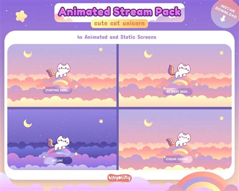 Cute Cat Unicorn Animated Overlays Kawaii White Kitty Stream Template