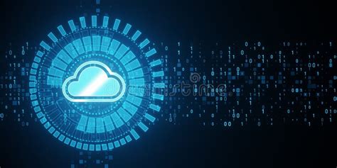 Creative Glowing Cloud Computing Hologram With Binary Coding On Dark Blue Background Digital