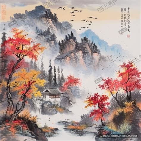 Ai创作图国画金秋神韵 红叶花鸟写意山水 秋天风景山水画 秋天写意山水画 国画秋意图 秋风秋水秋色图 山水画秋景 手绘青绿山水秋景 红叶山水挂