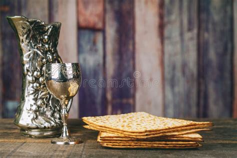 Glass Of Passover Wine And Matzah Closeup Jewish Matzah Bread Stock