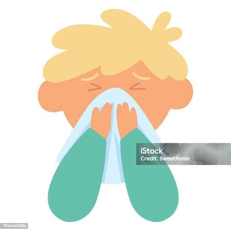 아픈 아이가 독감이나 알레르기로 고통받는 손수건에 코를 풀고 있습니다 감기와 독감에 대한 스톡 벡터 아트 및 기타 이미지