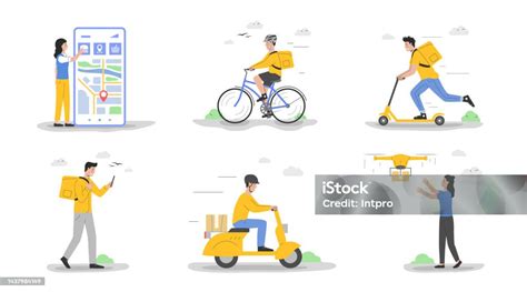 택배 배달 서비스 개념입니다 창고 노동자 특사는 오토바이 자전거 무인 항공기 스쿠터에 의하여 고객 가정에 소포 음식 공급을 배달합니다 만화 선형 개요 플랫 벡터 일러스트