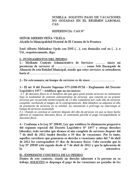Solicitud De Pago De Vacaciones No Gozadas Cas Pdf Justicia