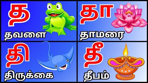 த தௌ வரையிலான சொற்களை கற்போம் த தவளை தா தாமரை தி திருக்கை தீ தீபம் Tamil Alphabet