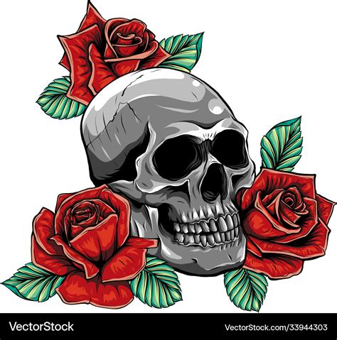 Skull With Flowers With Roses Drawing Hand Vector Image