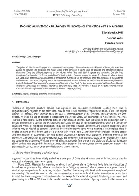 Pdf Modeling Adjuncthood An Overview Of Incomplete Predication Verbs In Albanian