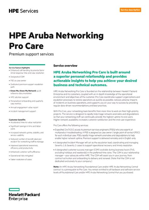 Hpe Aruba Networking Pro Care Premium Support Services