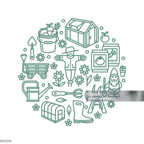 원 예 재배 원 예 배너 벡터 라인 아이콘 정원 가꾸는 장비 그린 하우스 허수 아비 절단기 급수 깡통 및 다른 도구 야채 유기농 농장의 꽃 재배 포스터 꽃 식물에 대한 스톡