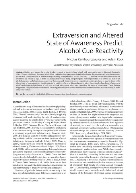 Pdf Extraversion And Altered State Of Awareness Predict Alcohol Cue Reactivity