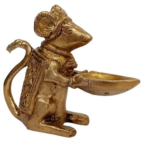 Brass Statue Ganesha Vahana Mooshak Collectible Idol Mouse With Diya