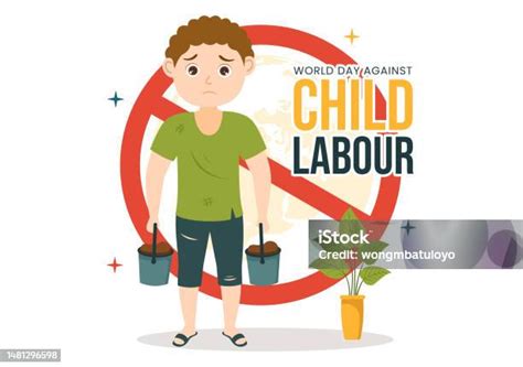 아동 노동에 반대하는 세계 일 캠페인 템플릿을 위해 손으로 그린 평평한 어린이 만화에서 삶의 필수품을 위해 일하는 아이들과 함께 일러스트레이션 6월에 대한 스톡 벡터 아트