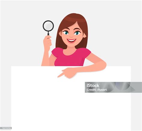 돋보기를 보여주는 젊은 여성 빈 흰색 포스터 배너 현수막과 손가락을 가리키는 소녀를 들고 여성 캐릭터 디자인 일러스트 현대