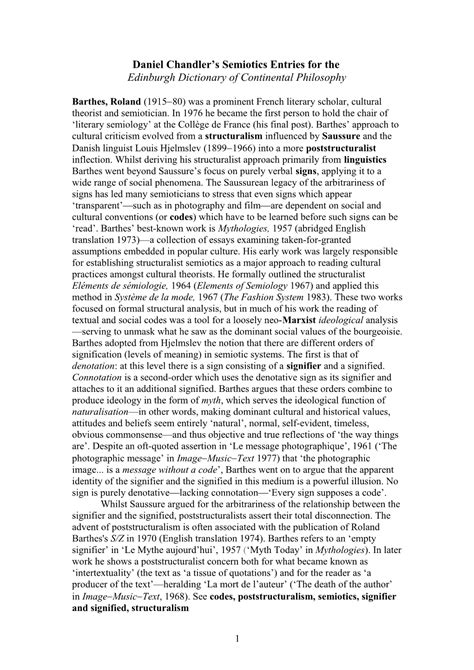 Barthes Roland 1915 1980 Orders Of Signification Barthes Adopted From Hjelmslev The Docslib