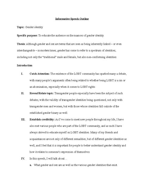 Informative Speech Outline Informative Speech Outline Topic Gender Identity Specific Purpose