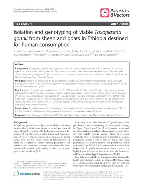 Pdf Isolation And Genotyping Of Viable Toxoplasma Gondii From Sheep And Goats In Ethiopia