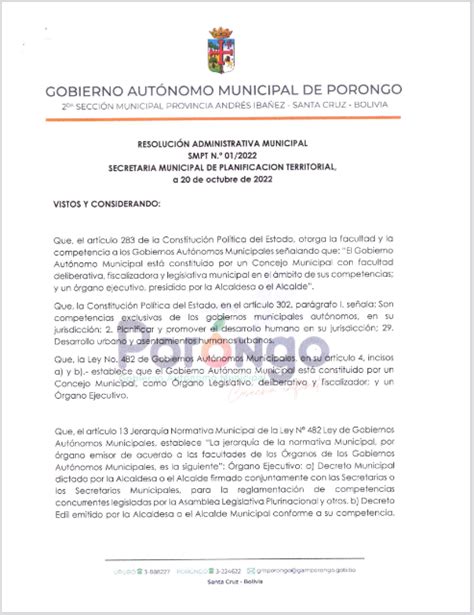 Resolución Municipal Gobierno Autónomo Municipal De Porongo