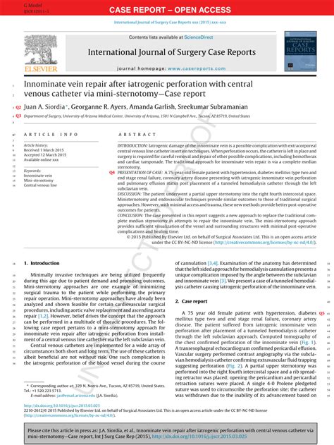 Pdf Innominate Vein Repair After Iatrogenic Perforation With Central
