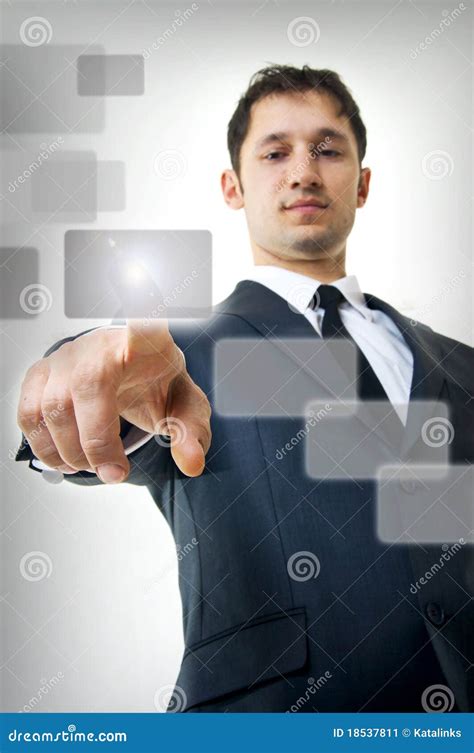 Business Man Pressing A Touchscreen Button Stock Image Image Of Focus Button 18537811