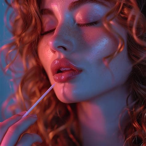 A Woman With Her Eyes Closed And A Pink Light Behind Her Premium Ai