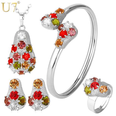 U7 Crystal Necklace Set Women Gold Color Colorful Rhinestone Necklace