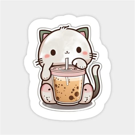 Cute Cat Drinking Bubble Tea Cartoon Boba Drawing Bubble Tea Magnet