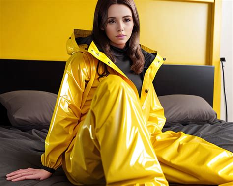 Brunette Woman In Yellow Rainwear Raingear Regenkleidung Regen