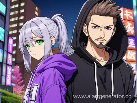 Anime Style Couple In Neon Cityscape Purple Hoodie Guy And