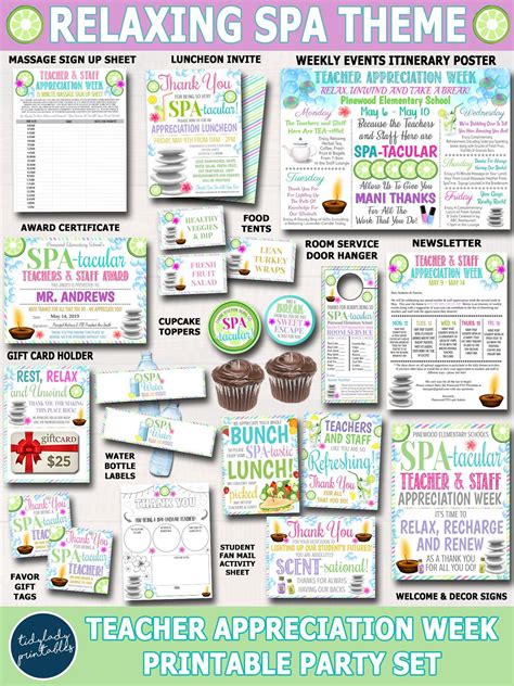 Spa Theme Teacher Appreciation Week Printable Party Set Teacher