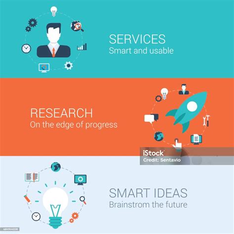 비즈니스 연구 서비스 아이디어 개념 평면 아이콘 설정 아이디어 시작 로켓 개발 발사 램프 전구 브레인 스토밍 및 벡터 웹 그림