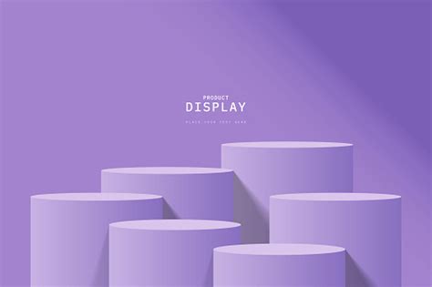 6단계 3d 실린더 연단 받침대 또는 제품 진열대가 있는 빈 보라색 방 3d 벡터 기하학적 플랫폼 디자인 모형을 위한 최소한의 벽 장면 제품 프레젠테이션을 위한 무대입니다