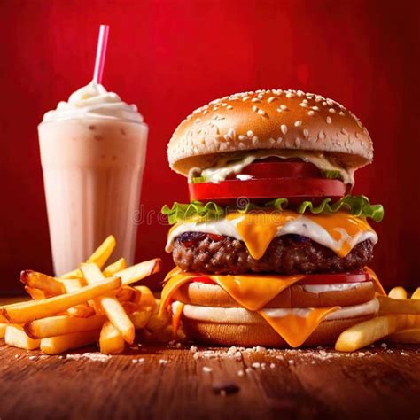 Hamburger And Fries Fast Food Meal With Milkshake Stock Illustration Illustration Of