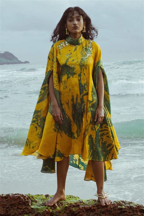 Buy Yellow Tissue Print Abstract Round Collar Falak Kaftan Dress For