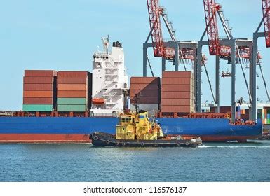 Container Stack Ship Tugboat Under Crane Stock Photo 116576137