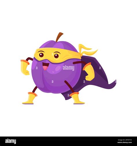 Cartoon Plum Fruit Superhero Character Isolated Vector Damson Super