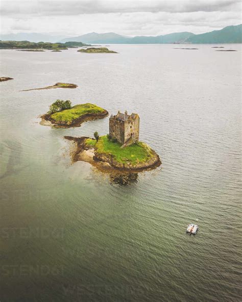 Aerial View Of Castle Stalker On Loch Linnhe Scottish Highlands