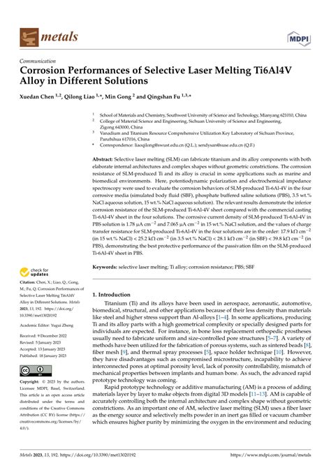 Pdf Corrosion Performances Of Selective Laser Melting Ti6al4v Alloy In Different Solutions