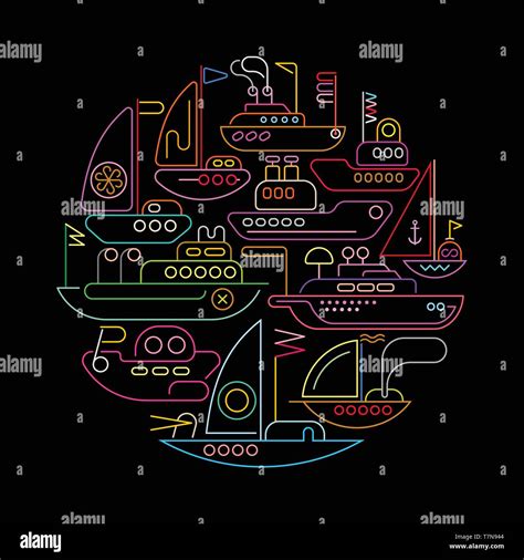 Neon Colors Isolated On A Black Background Ships And Yachts Round Shape