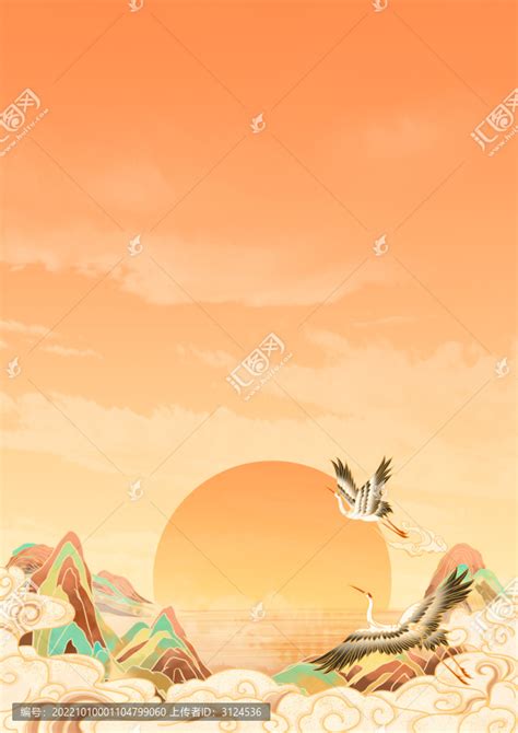 国风山水夕阳插画背景竖版 自然风景 设计素材 设计模板 汇图网www huitu